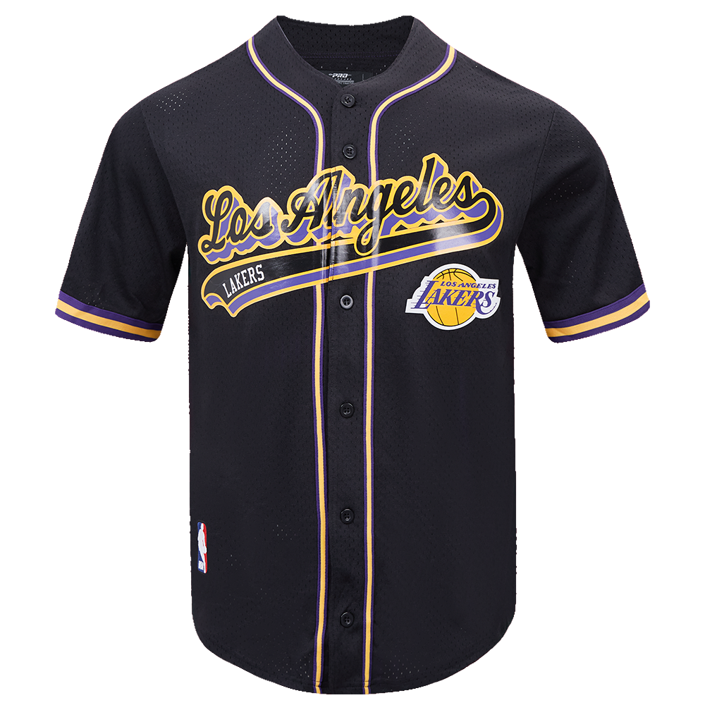 NBA LOS ANGELES LAKERS SCRIPT TAIL MEN'S MESH BUTTON DOWN SHIRT (BLACK ...