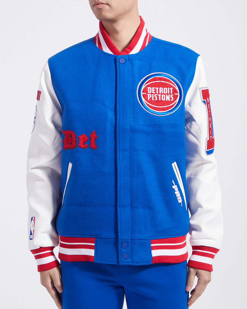 NBA DETROIT PISTONS OLD ENGLISH MEN'S RIB WOOL VARSITY JACKET (ROYAL B ...
