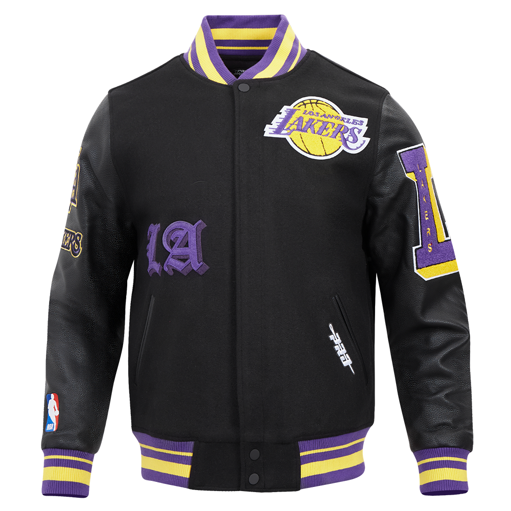 NBA LOS ANGELES LAKERS OLD ENGLISH MEN'S RIB WOOL VARSITY JACKET (BLAC ...