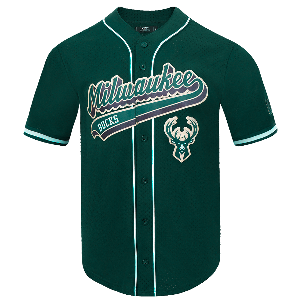 NBA MILWAUKEE BUCKS SCRIPT TAIL MEN'S MESH BUTTON DOWN SHIRT (FOREST G ...