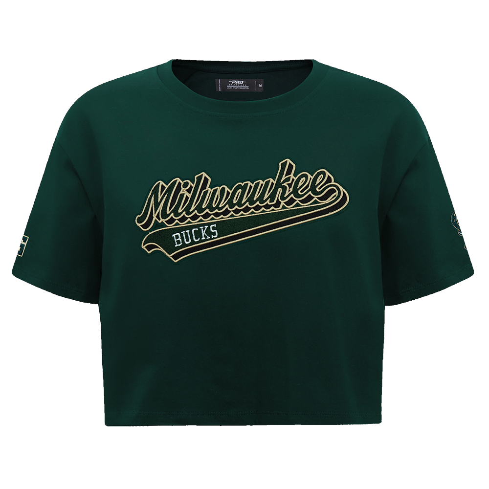 NBA MILWAUKEE BUCKS SCRIPT TAIL WOMEN'S SINGLE JERSEY BOXY TEE (FOREST ...