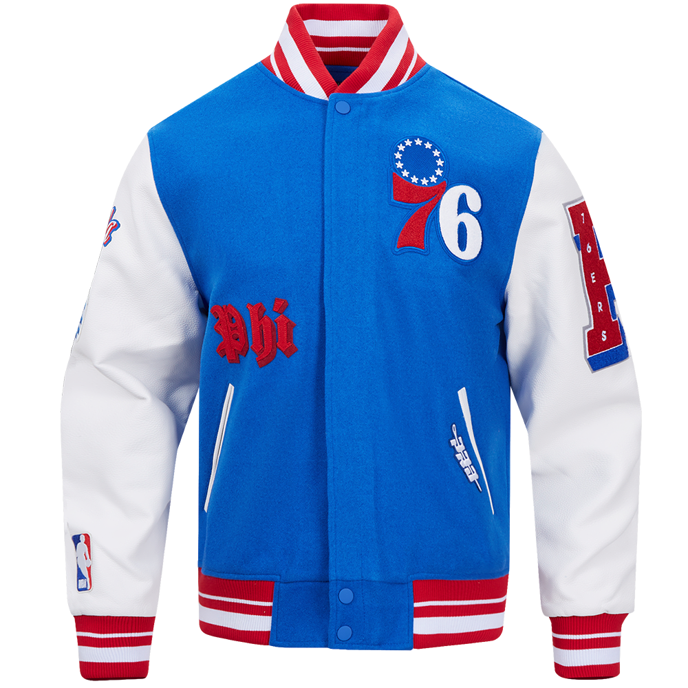 NBA PHILADELPHIA 76ERS OLD ENGLISH MEN'S RIB WOOL VARSITY JACKET (ROYA ...