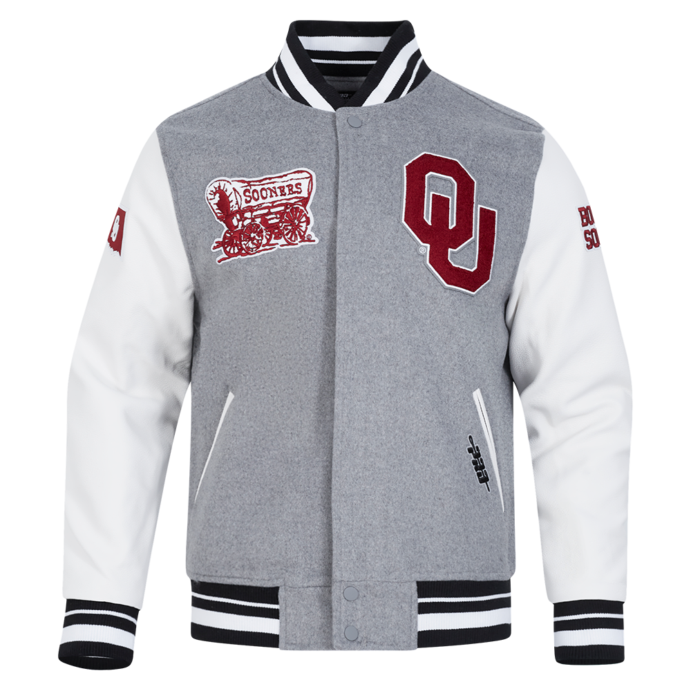 UNIVERSITY OF OKLAHOMA CLASSIC RIB WOOL VARSITY JACKET (HEATHER GREY/W ...