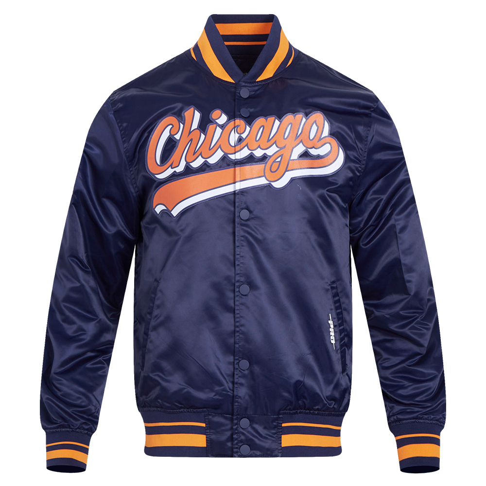 NFL CHICAGO BEARS SCRIPT TAIL MEN'S SATIN JACKET (MIDNIGHT NAVY/ORANGE ...