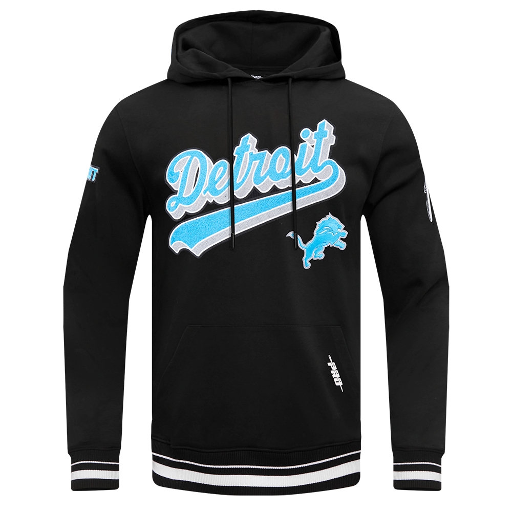 NFL DETROIT LIONS SCRIPT TAIL MEN'S RIB FLEECE PULLOVER HOODIE (BLACK ...