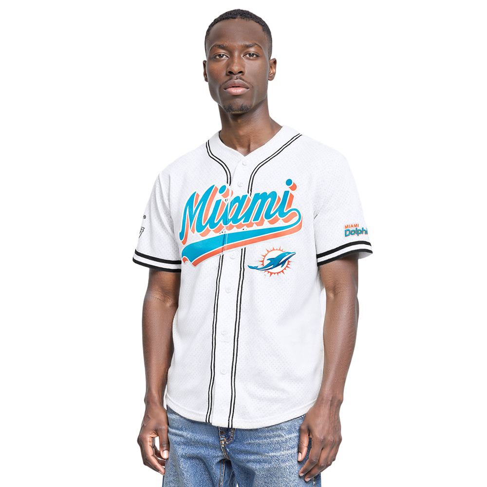 NFL MIAMI DOLPHINS SCRIPT TAIL MEN'S MESH BUTTON DOWN SHIRT (WHITE / B ...
