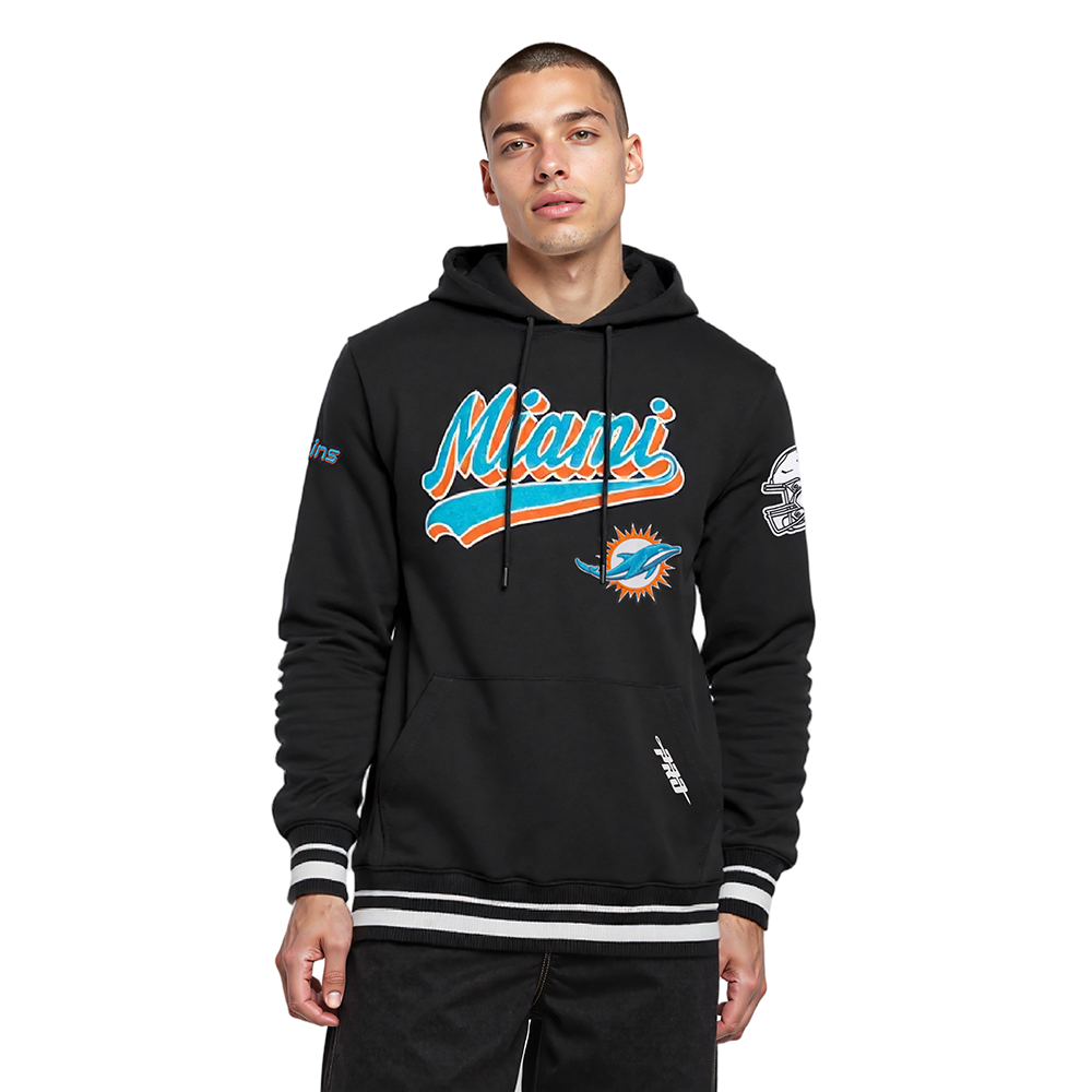 NFL MIAMI DOLPHINS SCRIPT TAIL MEN'S RIB FLC PO HOODIE (BLACK) – Pro ...