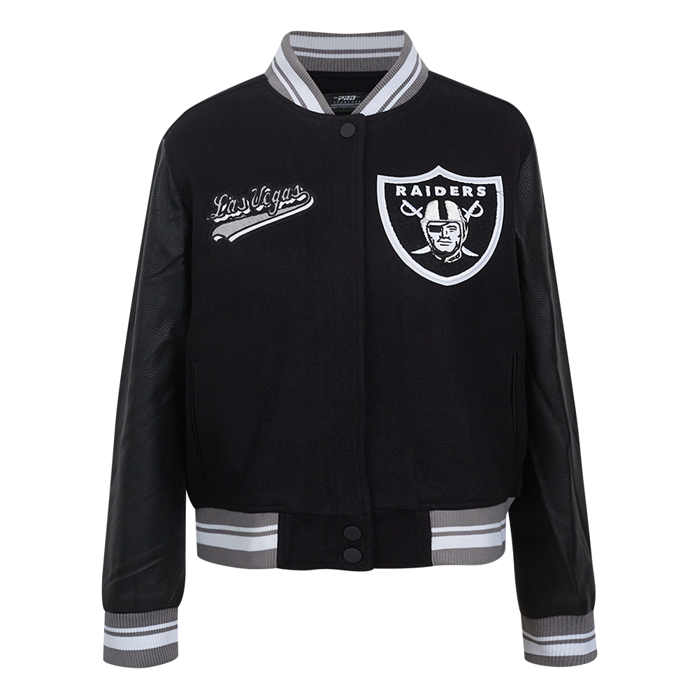 NFL LAS VEGAS RAIDERS SCRIPT TAIL WOMEN'S WOOL VARSITY JACKET (BLACK/G ...