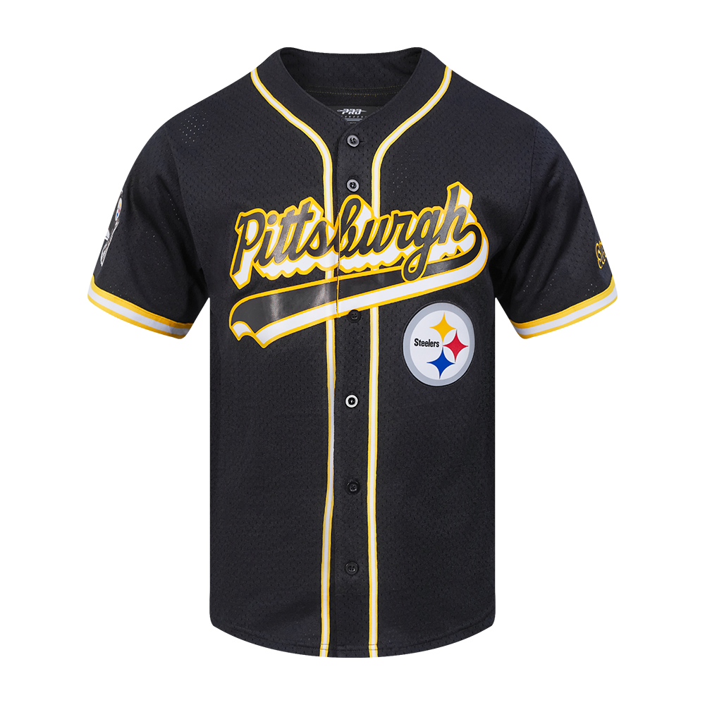 NFL PITTSBURGH STEELERS SCRIPT TAIL MEN'S MESH BUTTON DOWN SHIRT (BLAC ...