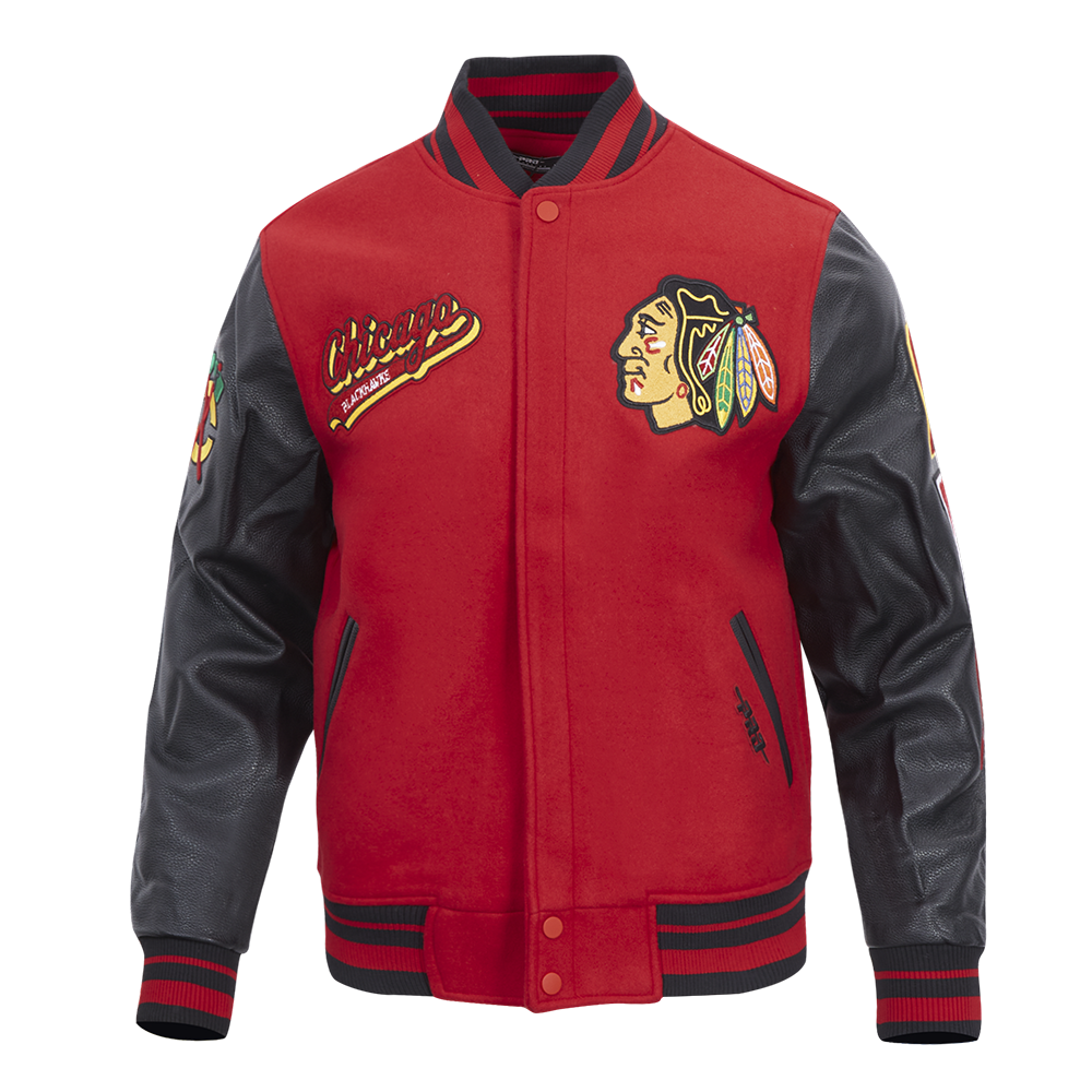 NHL CHICAGO BLACKHAWKS SCRIPT TAIL MEN'S RIB WOOL VARSITY JACKET (RED ...