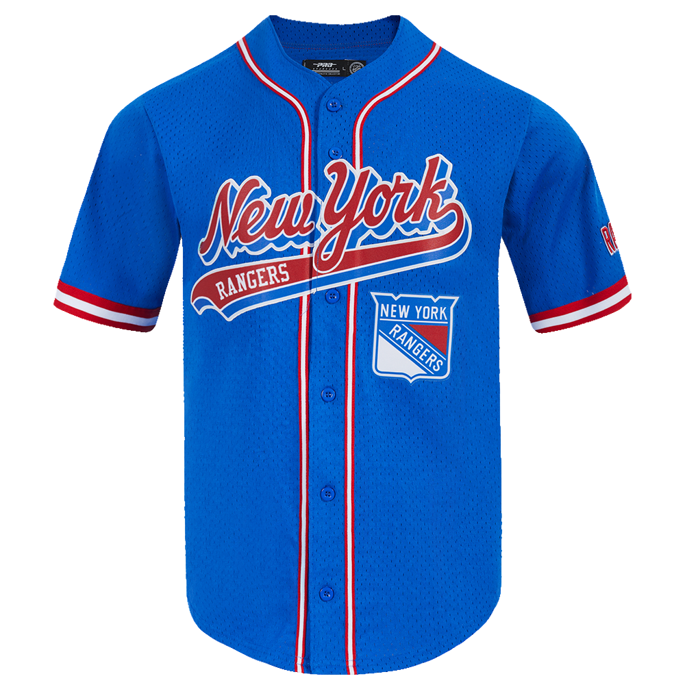 NHL NEW YORK RANGERS SCRIPT TAIL MEN'S MESH BUTTON DOWN SHIRT (ROYAL B ...