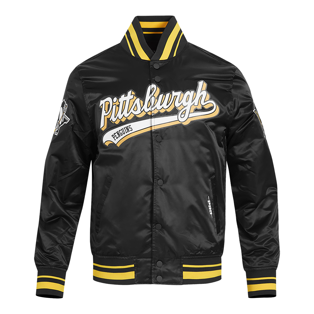 NHL PITTSBURGH PENGUINS SCRIPT TAIL MEN'S SATIN JACKET (BLACK/YELLOW ...