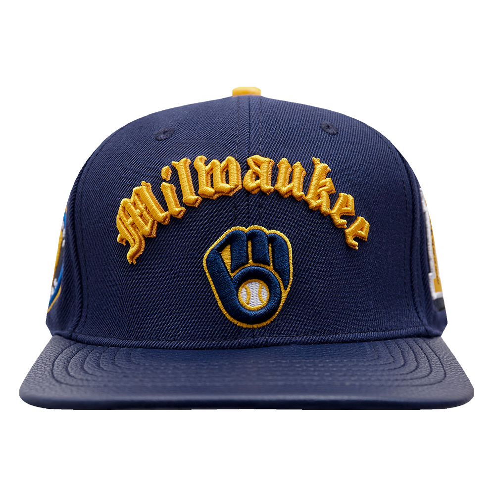 MLB MILWAUKEE BREWERS OLD ENGLISH UNISEX 6 PANEL LEATHER STRAPBACK (MI ...