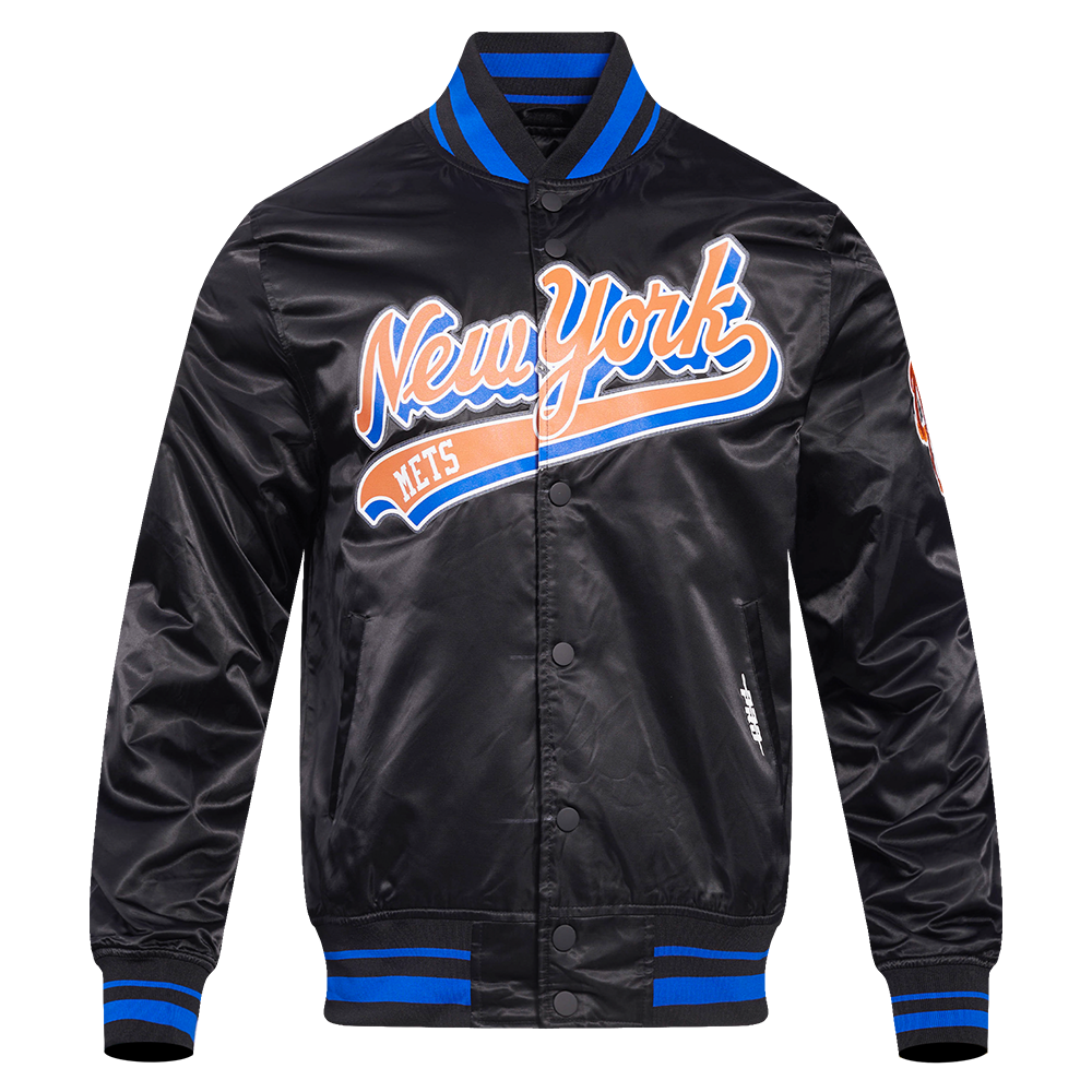MLB NEW YORK METS SCRIPT TAIL MEN'S SATIN JACKET (BLACK/ROYAL BLUE/BLA ...